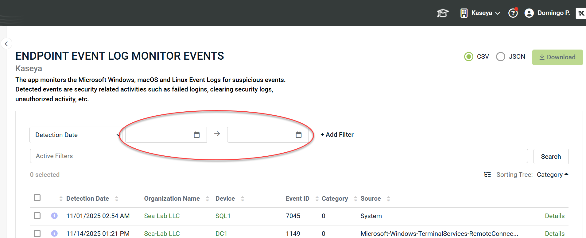 Filtering and sorting events in app review